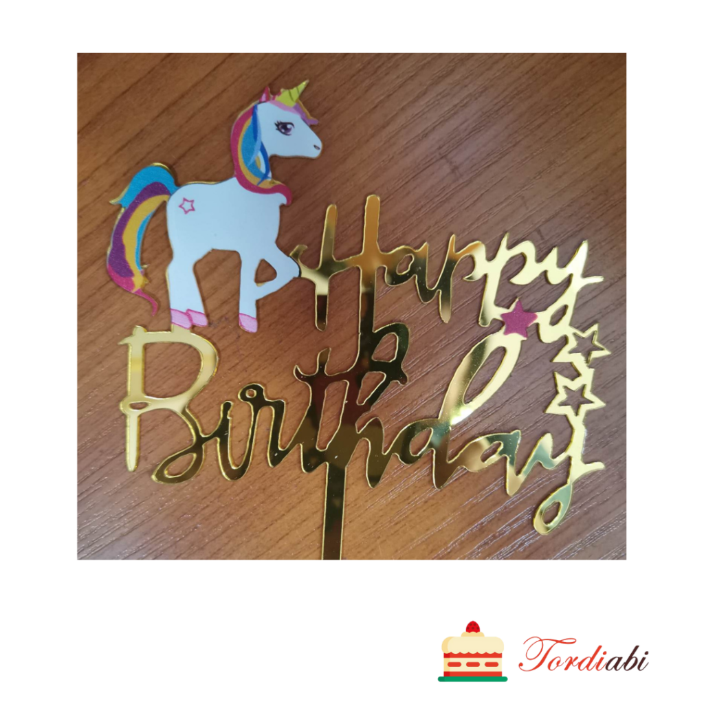Tordi topper - Happy Birthday ükssarvikuga, läikiv kuldne - Tordiabi