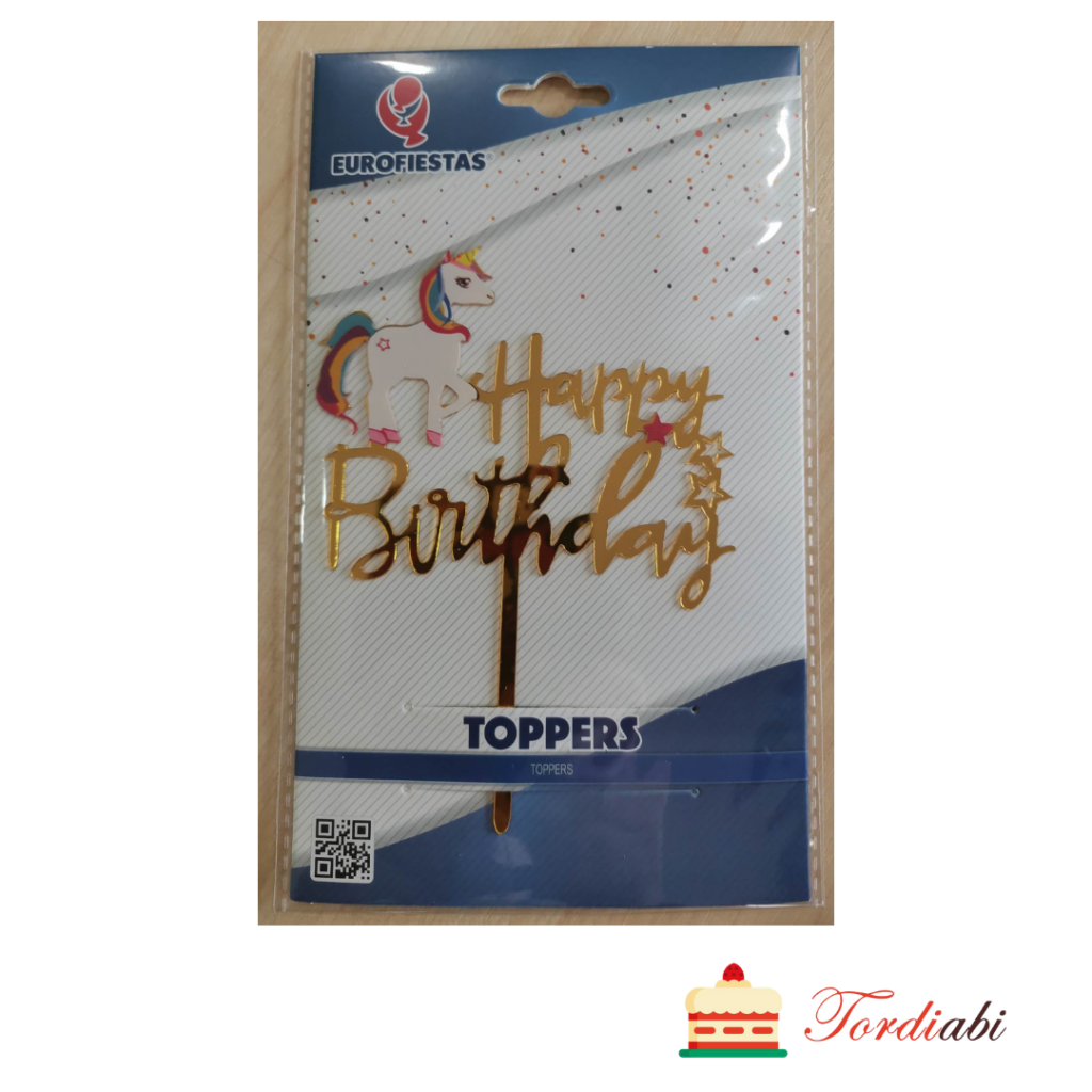 Tordi topper - Happy Birthday ükssarvikuga, läikiv kuldne - Tordiabi